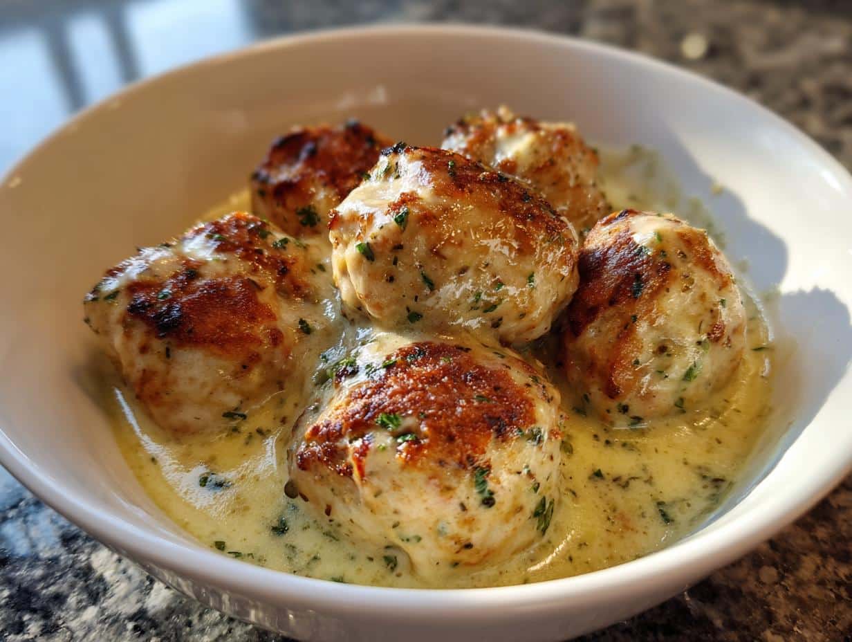 Chicken Meatballs Swimming in Garlicky Alfredo Sauce Bliss