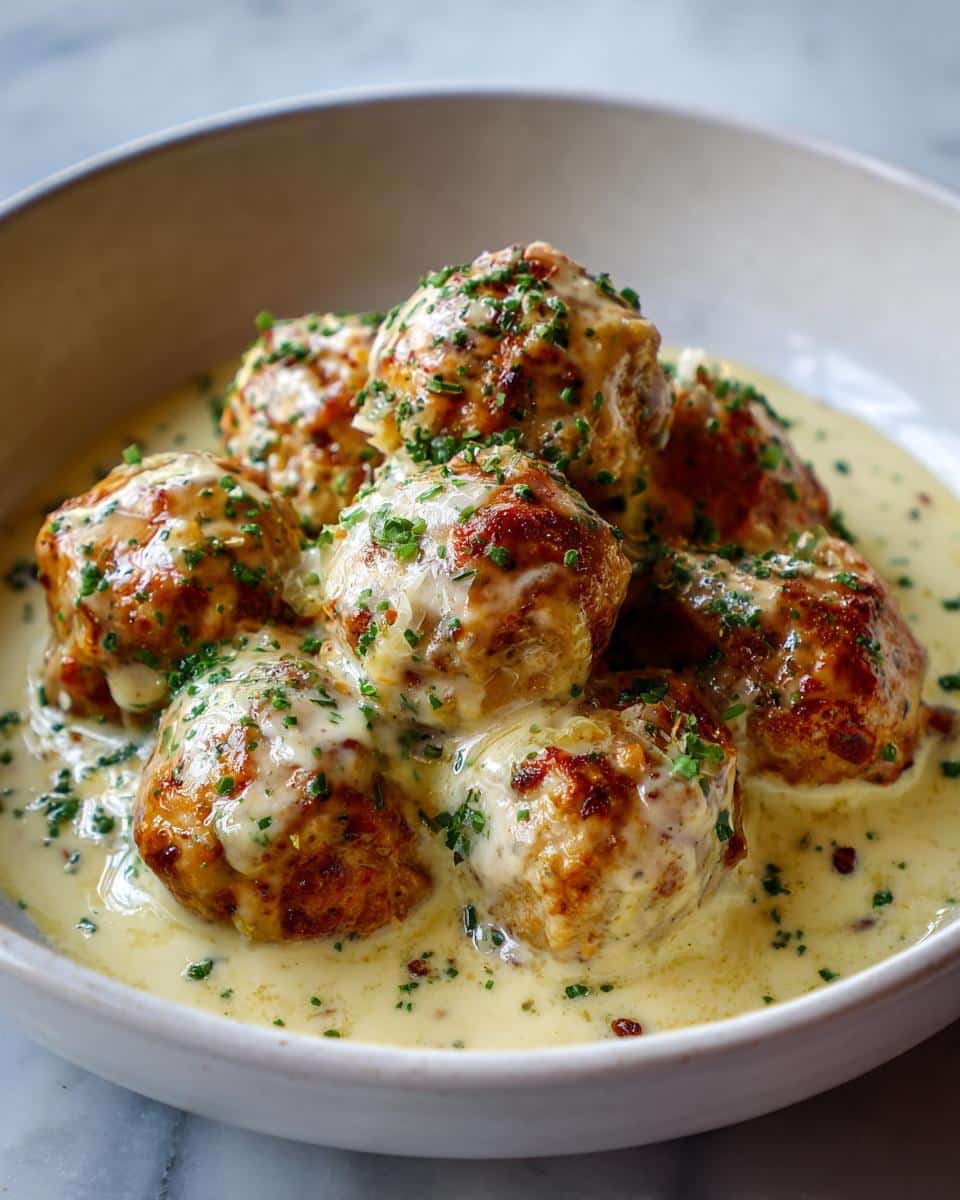 Chicken Meatballs Swimming in Garlicky Alfredo Sauce Bliss